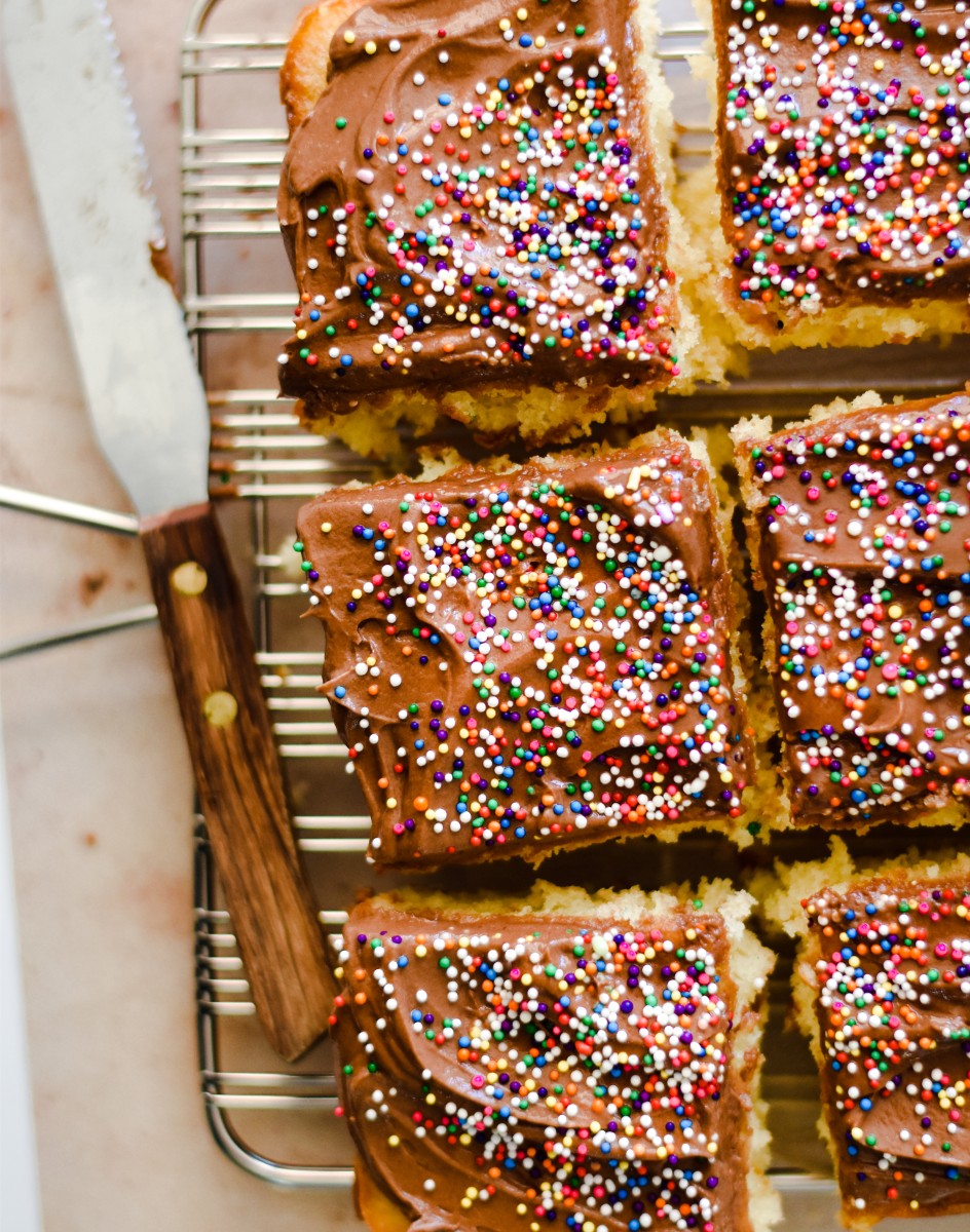 Mini Yellow Sheet Cake with Chocolate Frosting - Honeyed Sundays
